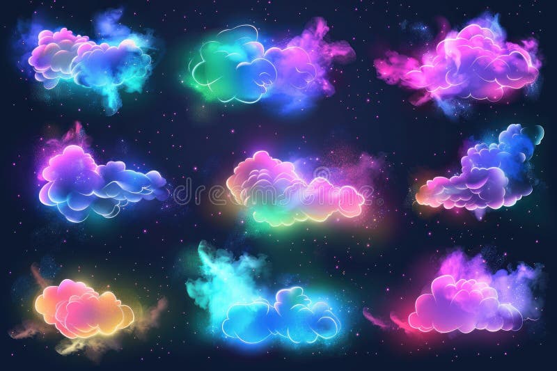Neon Blue and Purple Multicolored Smoke Puff Cloud Design Elements on a ...