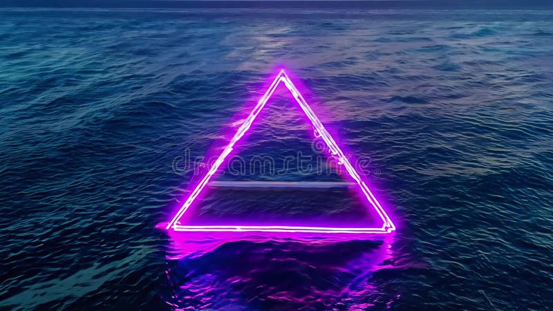 A Neon Blue and Purple Triangle Frames Glowing Over the Dark Blue Ocean ...