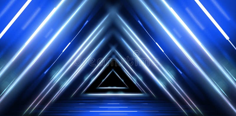 Neon Blue Rays. Dark Tunnel with Neon Blue Light, Abstract Pyramid ...