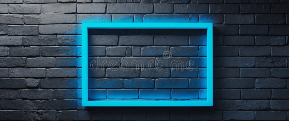 Neon Blue Rectangle Frame on Dark Brick Wall Stock Photo - Image of ...