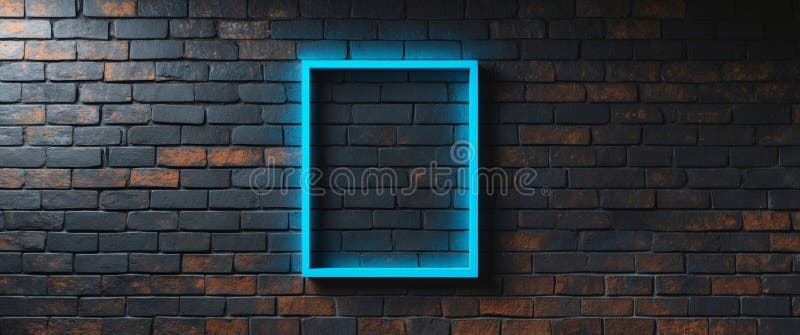 Neon Blue Rectangle Frame on Dark Brick Wall. Stock Image - Image of ...