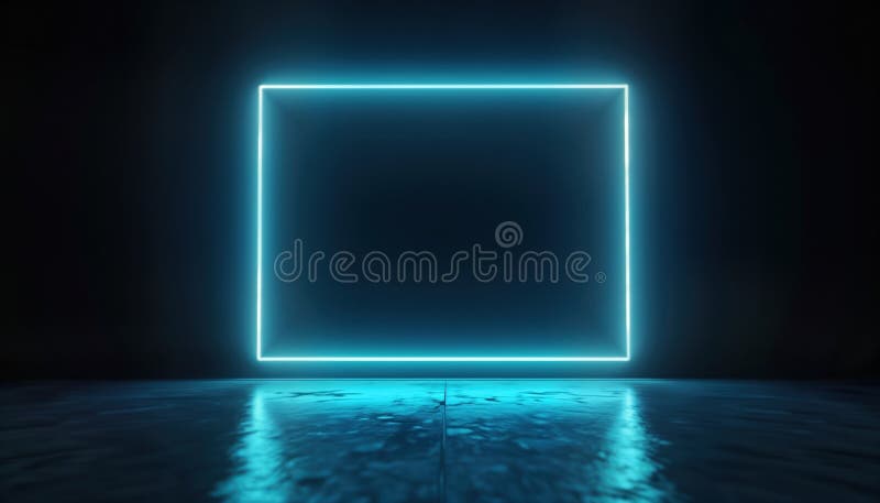 Neon Blue Rectangle Frame Glows on Dark Background. Futuristic Retro ...