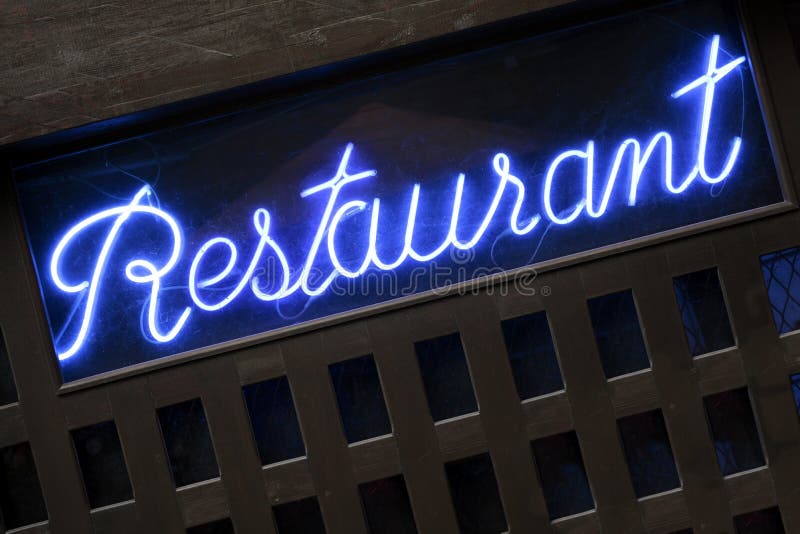 Neon Blue Restaurant Sign Lit Up at Night Closeup Stock Image - Image ...