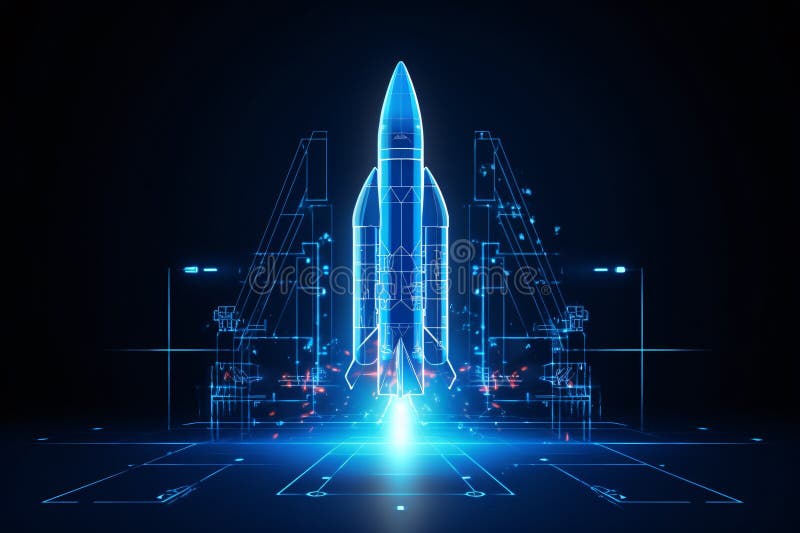 Neon Blue Rocket Blueprint Against Technology Background Stock ...