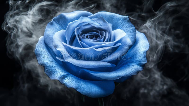 A Neon Blue Rose Emerges from a Haze of Blue Smoke, Set Against a Dark ...