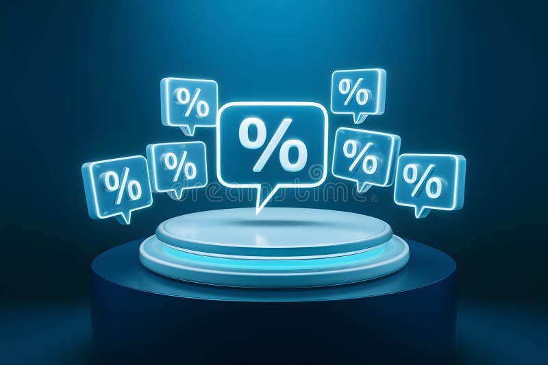 Neon Blue Setting with Circular Platform, Floating Chat Bubbles with ...