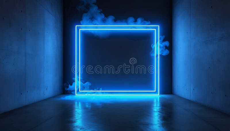 Neon Blue Smoke-filled Square in Dark Concrete Room Stock Image - Image ...