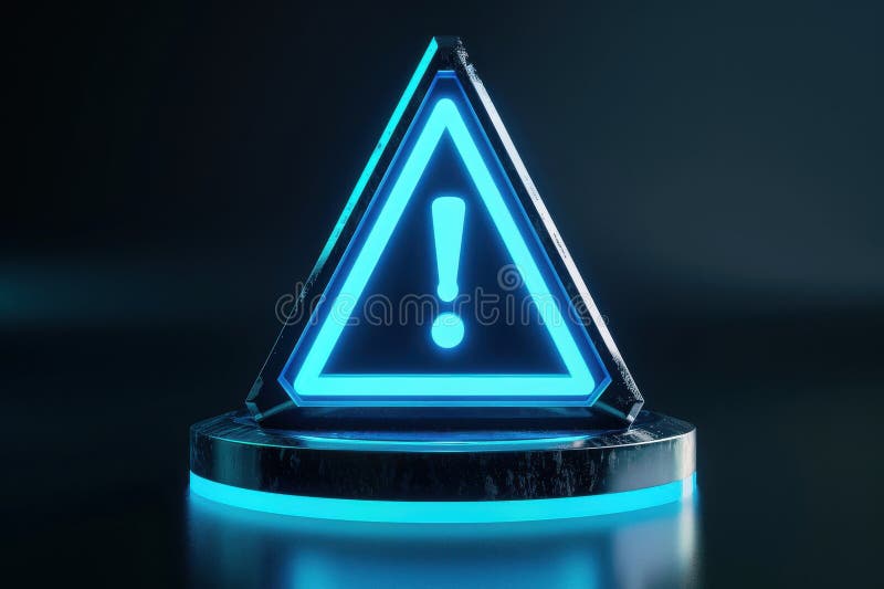 A Neon Blue Triangle with an Exclamation Point on it Stock Image ...