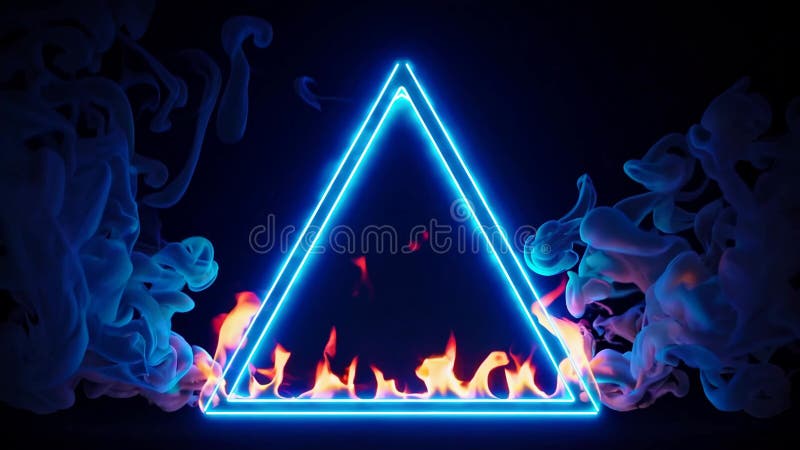 Neon Blue Triangle with Flames at the Base and Swirling Smoke, Abstract ...