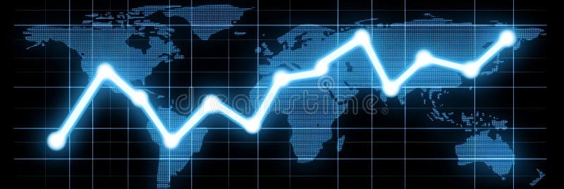 Neon Blue Upward Trending Line Graph on Dark Background with World Map ...