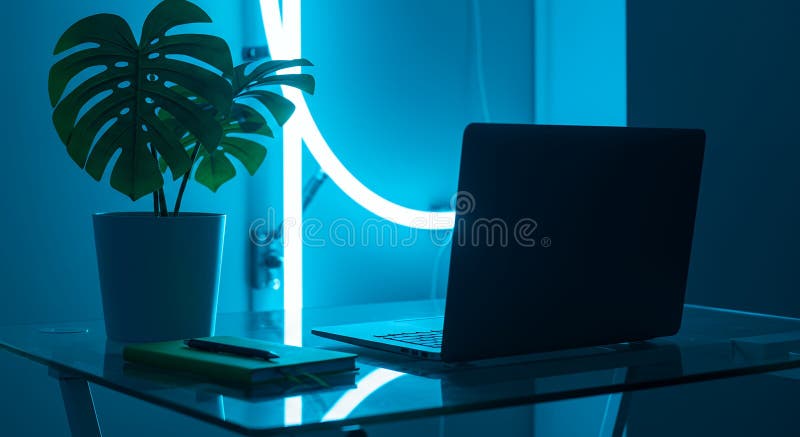 Neon Blue Workspace: Laptop, Plant, and Notebook Stock Illustration ...