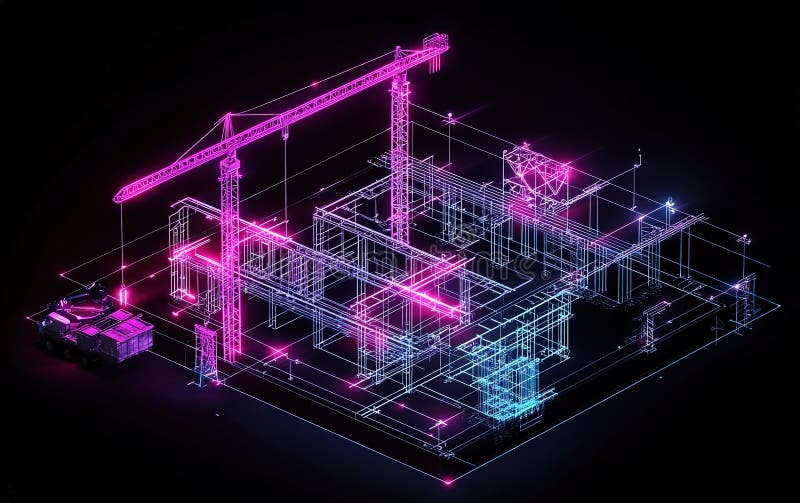 A Neon Blueprint of a Construction Site Featuring Cranes and Structures ...