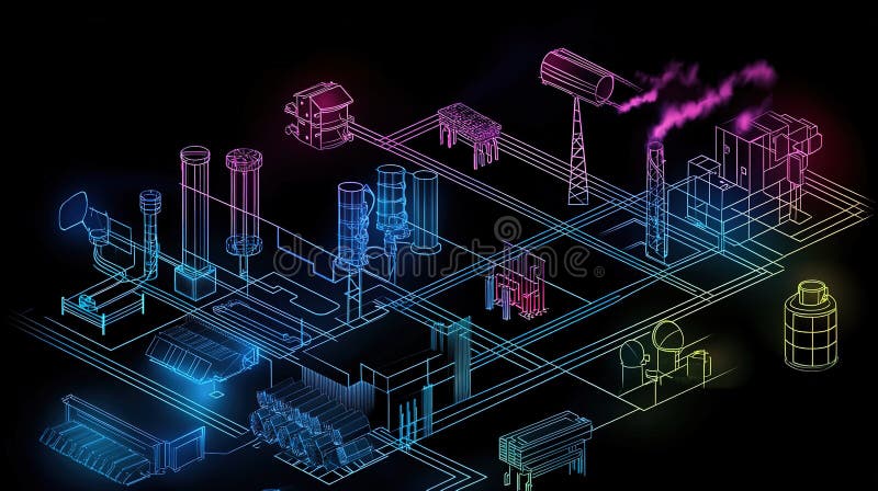 Neon Blueprint of an Industrial Complex Showcasing Various ...