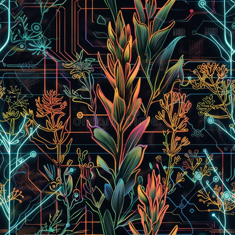 Neon Botanicals: Lush Cyberpunk Flora on Dark Circuitry Background ...