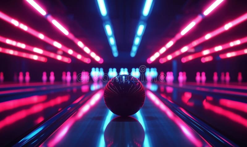 Neon Bowling Alley with Glowing Lights and Reflective Bowling Ball ...