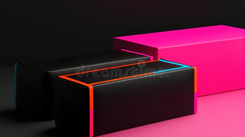 Neon Boxes on Black Background, AI Stock Image - Image of reflection ...