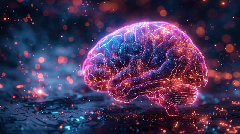 Neon Brain with Digital Network - Generative Ai Stock Illustration ...