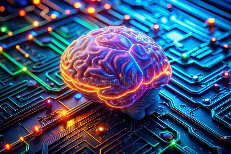 Neon Brain on Futuristic Circuit Board a Long Exposure Exploration of Neural Networks and ...