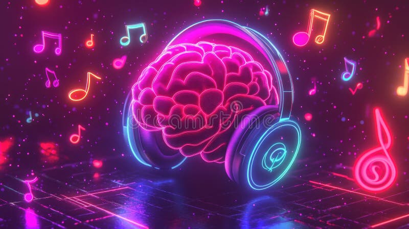 Neon Brain with Headphones Surrounded by Music Notes in Vibrant ...