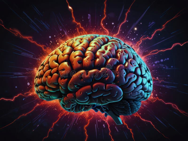 Neon Brain Illustration with Explosive Energy Bursts on Dark Background ...