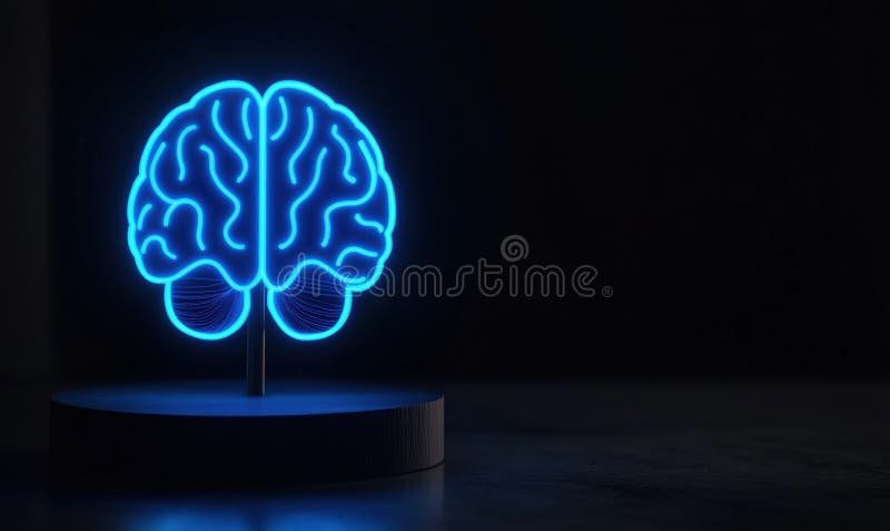 Neon Brain Sculpture, Glowing Blue, Modern Design, Dark Background ...