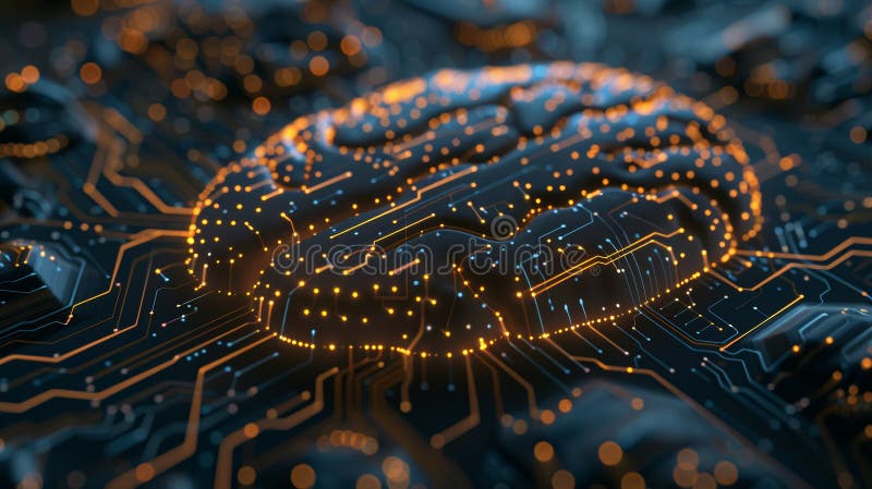 Neon Brain Silhouette on a Digital Circuit Board. AI and Machine ...