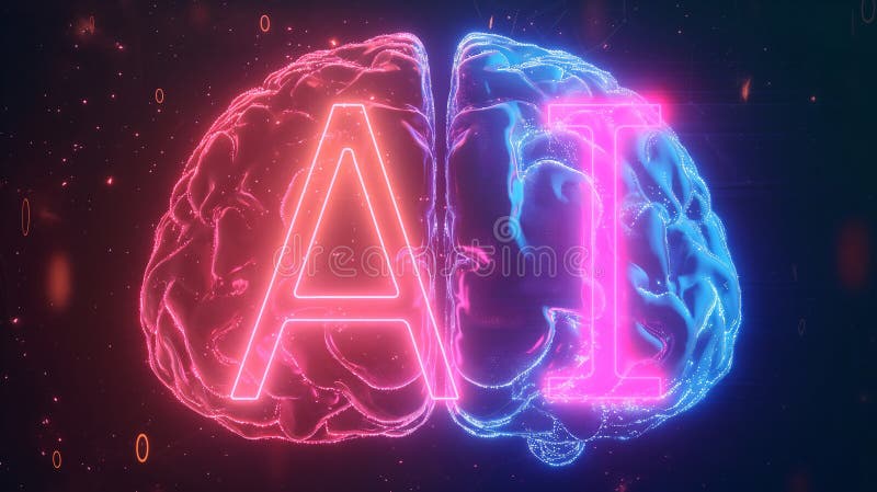 Neon Brain Split with "AI" Text, One Side Pink, the Other Blue ...