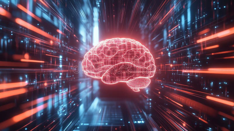 Neon Brain Structure Surrounded by Dynamic Digital Lines in a ...