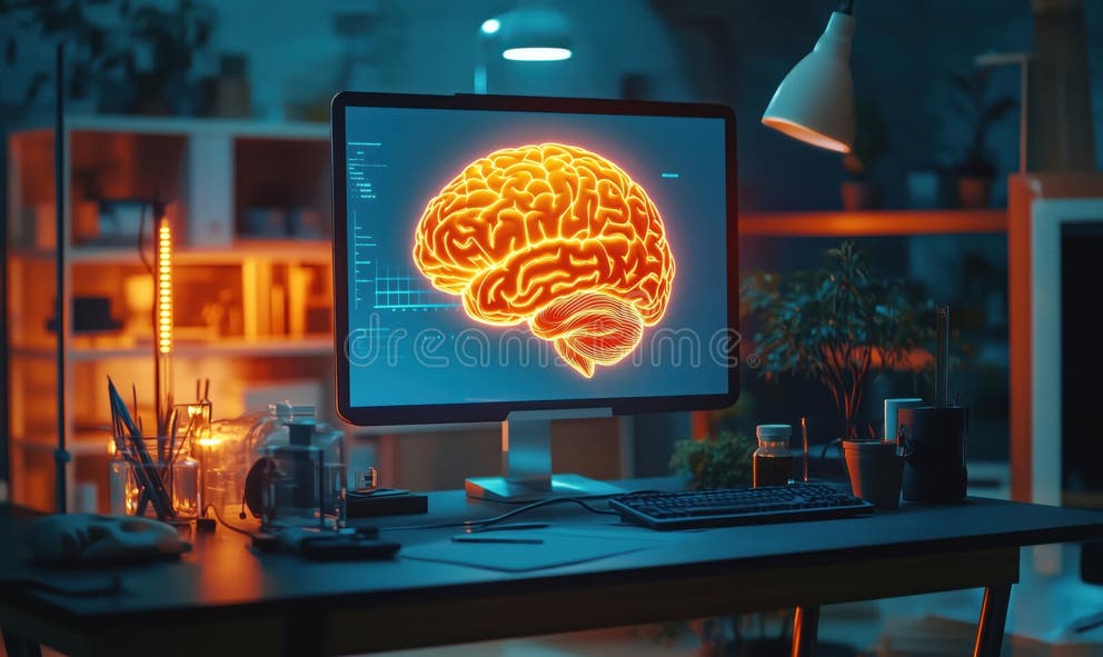 Neon Brain Visualization on Computer Screen in Modern Workspace with ...