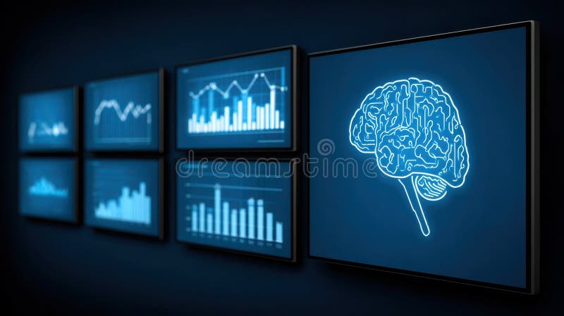 Neon Brain Visualization with Data Charts Displayed on Screens in a ...