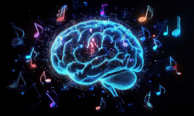 Neon Brain Visualization with Musical Notes Representing Creativity and ...