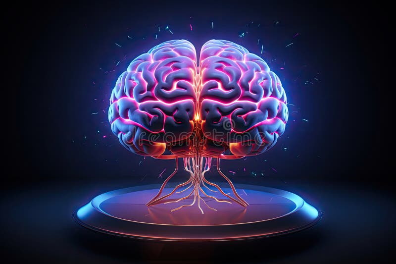 Neon Brains on a Virtual Pedestal, 3D Realistic Human Brains Surrounded ...