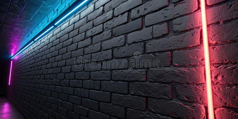 Neon Brick Wall Corridor Pink and Blue Glow, 3D Render, Cyberpunk ...
