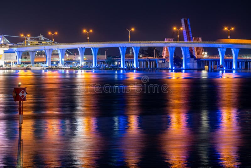Neon bridge Miami at night stock photo. Image of lights - 239576580