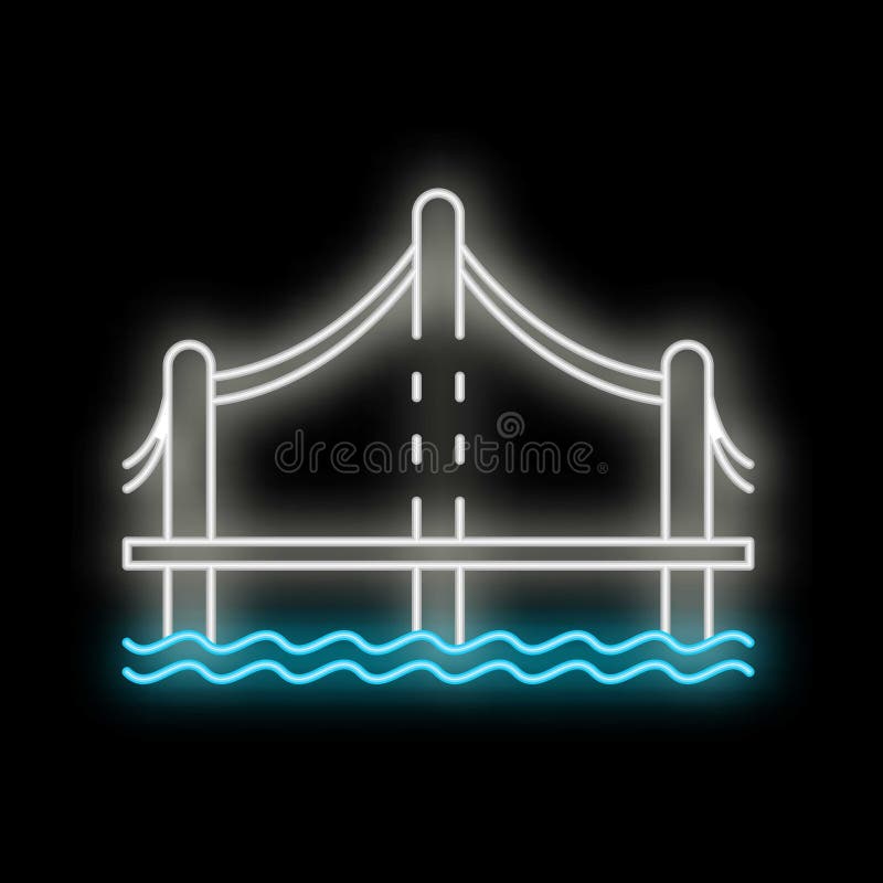 Neon Bridge Spanning River at Night Glowing Bright White and Blue Stock ...
