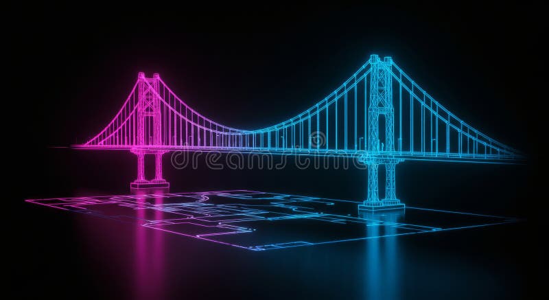 Neon Bridge Structure with Abstract Ground Plan Illuminating the Future ...