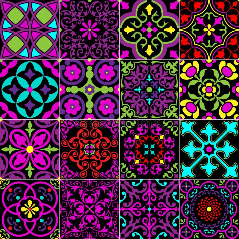 Neon Bright Ornate Seamless Tile Patterns Stock Vector - Illustration ...