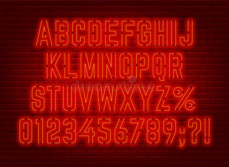 Neon Bright Red Font with Numbers and Punctuation Marks. Stock Vector ...