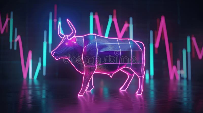 Glowing Neon Bull Symbolizing Bullish Market Trend with Financial ...