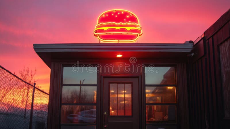 Neon Burger Sign on Restaurant at Sunset Stock Illustration ...