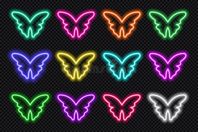 Neon Butterfly Border Icon Set. Glowing Coloful Frames Button. Spring Rainbow Colors Shape ...