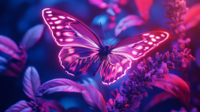 Neon Butterfly among Purple Flowers at Night Stock Illustration ...