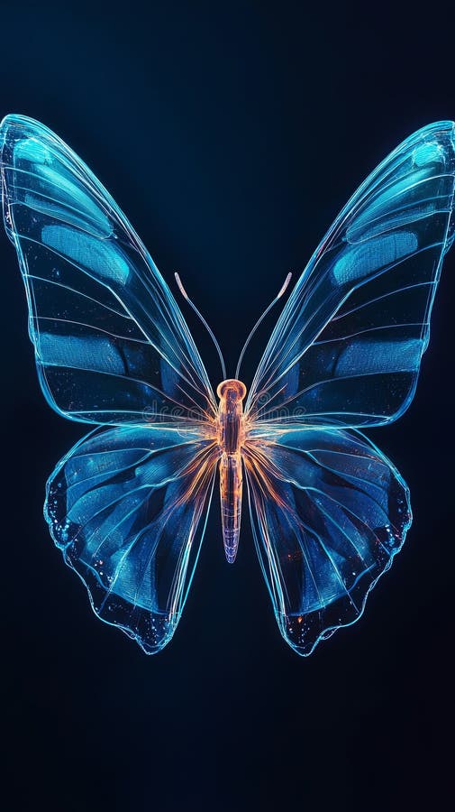 Neon Butterfly Wings Glowing in Deep Midnight Blue. Stock Illustration ...