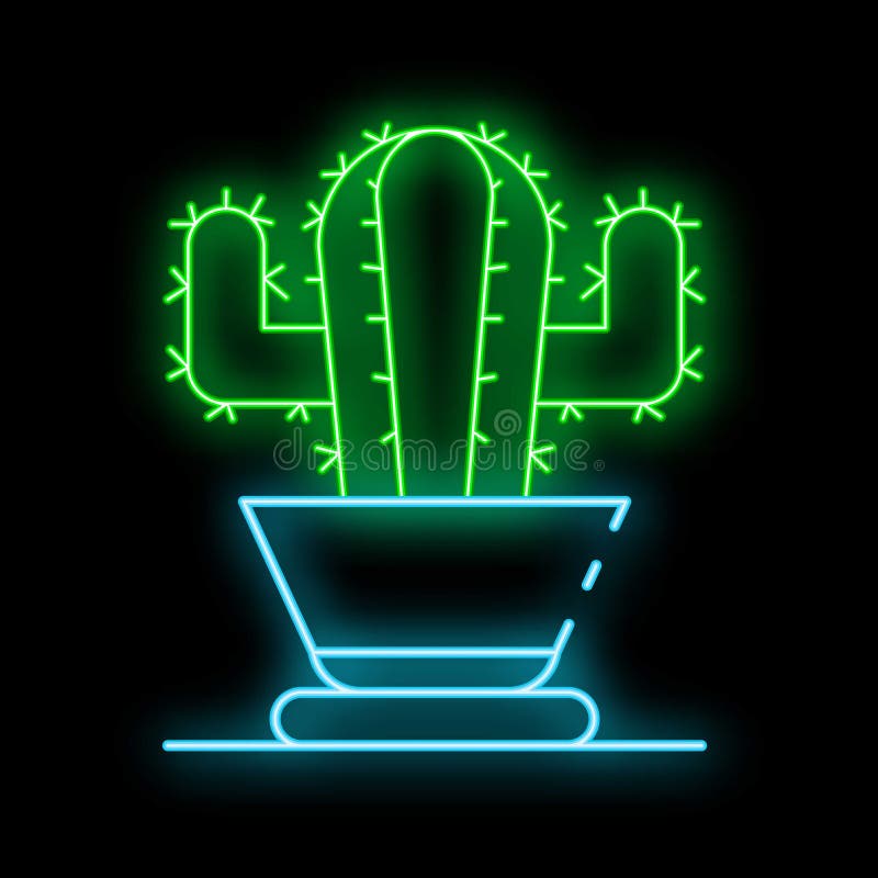 Green Neon Cactus Glowing in a Blue Pot Stock Illustration ...