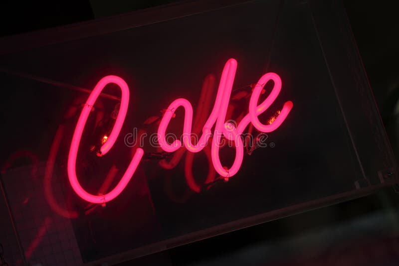 Neon Cafe Sign, Vivid Pink, Illuminated At Night Stock Photo - Image ...