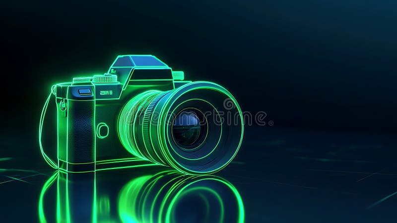 Neon Camera Icon in Glowing Green Representing Photography and ...