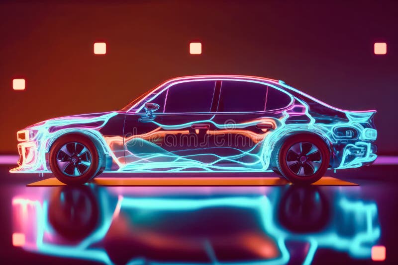 Neon Car with Reflection. Generative AI Stock Image - Image of shiny ...