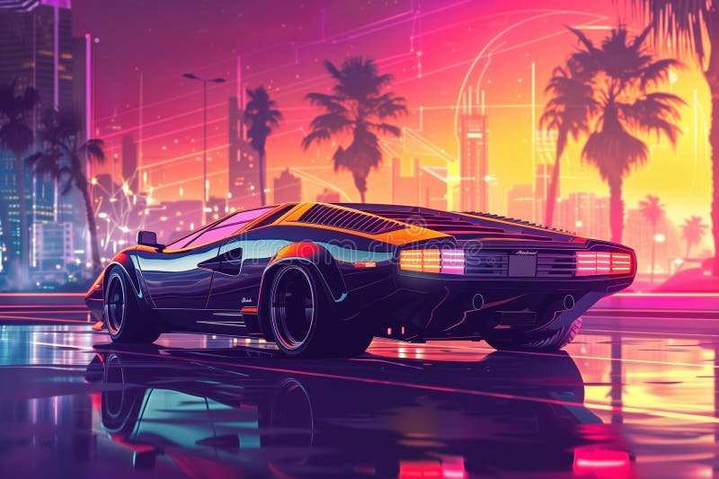 Neon Car in 80s Synthwave Style Racing To the City a Illustration Stock ...