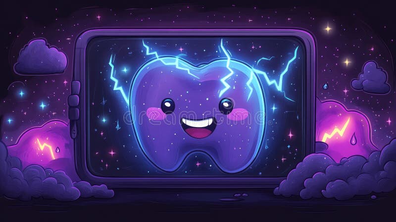 Neon Cartoon Tooth with Lightning Bolts in a Cosmic Frame Stock ...