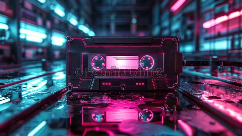 Neon Cassette Tape on Reflective Surface, Futuristic City Lights. 90s ... Neon Cassette Tape on Reflective Surface, Futuristic City Lights. 90s ...